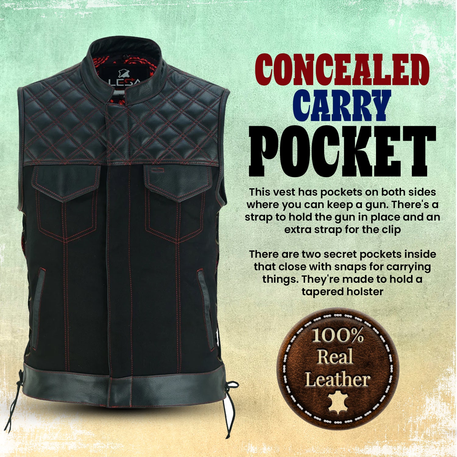 Black Denim & Leather Motorcycle Club Vest with Red Thread, Zipper Fro ...